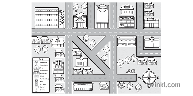 Town Map Black and White 2 - Twinkl