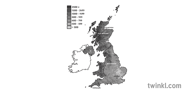 uk rainfall map geography food and farming secondary bw rgb Illustration