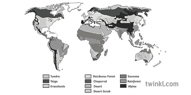 world biome map with key geography ks3 bw rgb Illustration - Twinkl