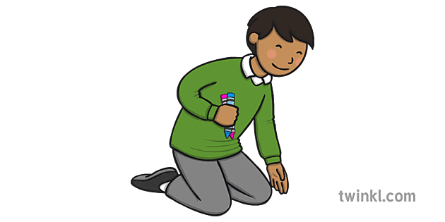 Boy with Crayons Kneeling to Pick Up Object - Twinkl