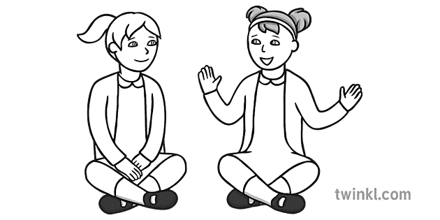 дете слушане на друго дете очи отворено черно бяло Illustration - Twinkl