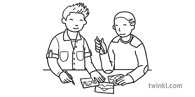 mga bata nakatingin sa mga larawan black and white Illustration - Twinkl