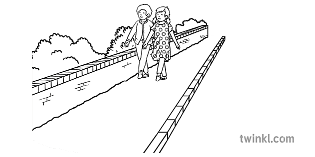 mga bata naglalakad sa footpath black and white Illustration - Twinkl