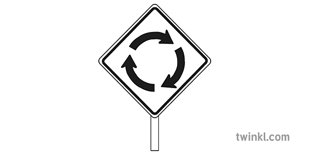Roundabout Road Sign Black and White Illustration - Twinkl