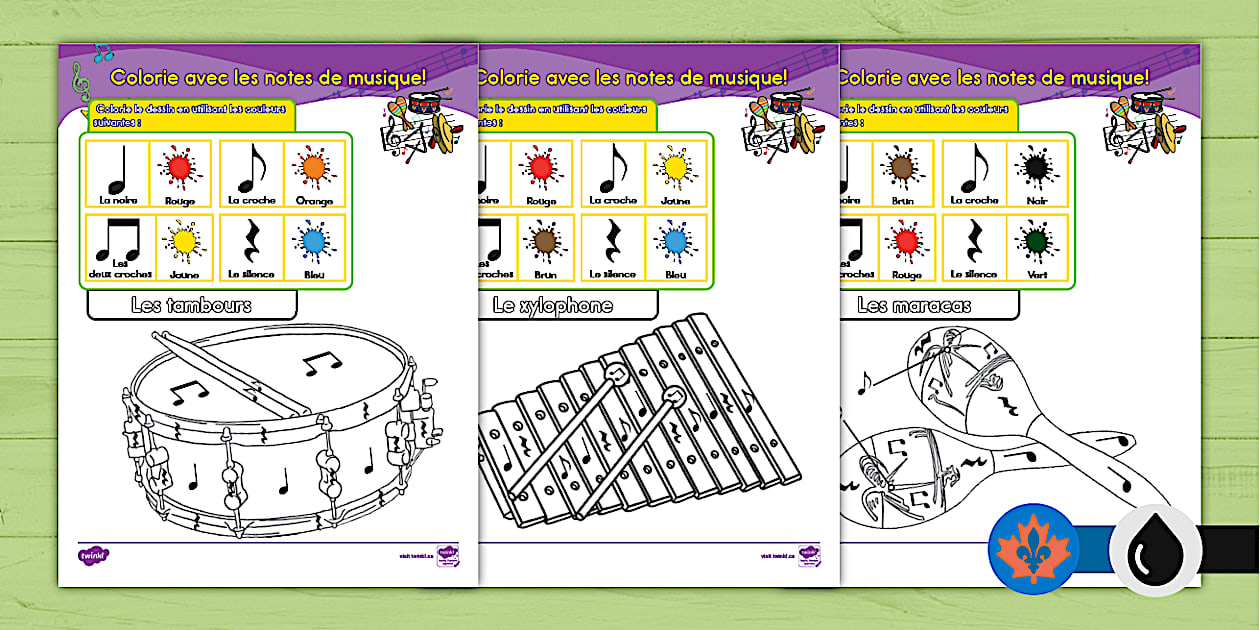 Colouring By Notes Percussion French (teacher made) - Twinkl