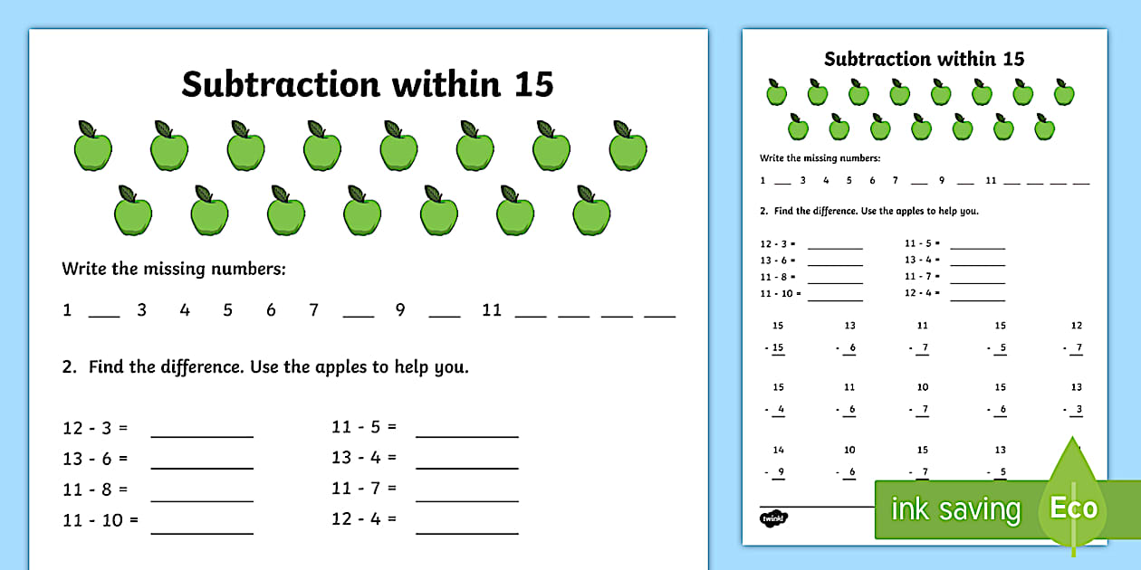 Black and White Subtraction within 15 Worksheet - Twinkl