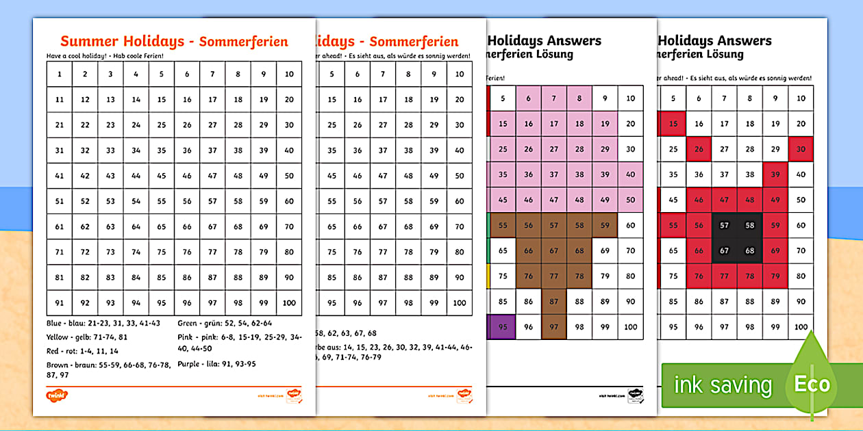 Summer Holidays Colour by Number 100s Chart Worksheet / Worksheets