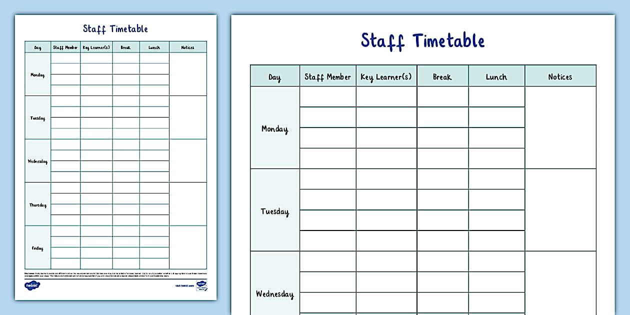 Staff Timetable Template (teacher made) - Twinkl