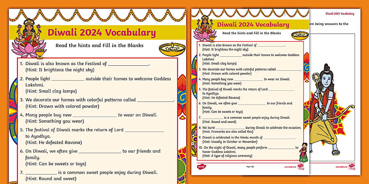 FREE! - Diwali 2024 Vocabulary Worksheet (teacher made)