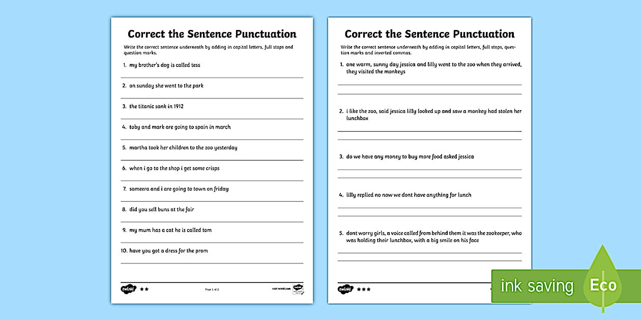 Editable Correct the Sentence Punctuation Worksheet - Twinkl