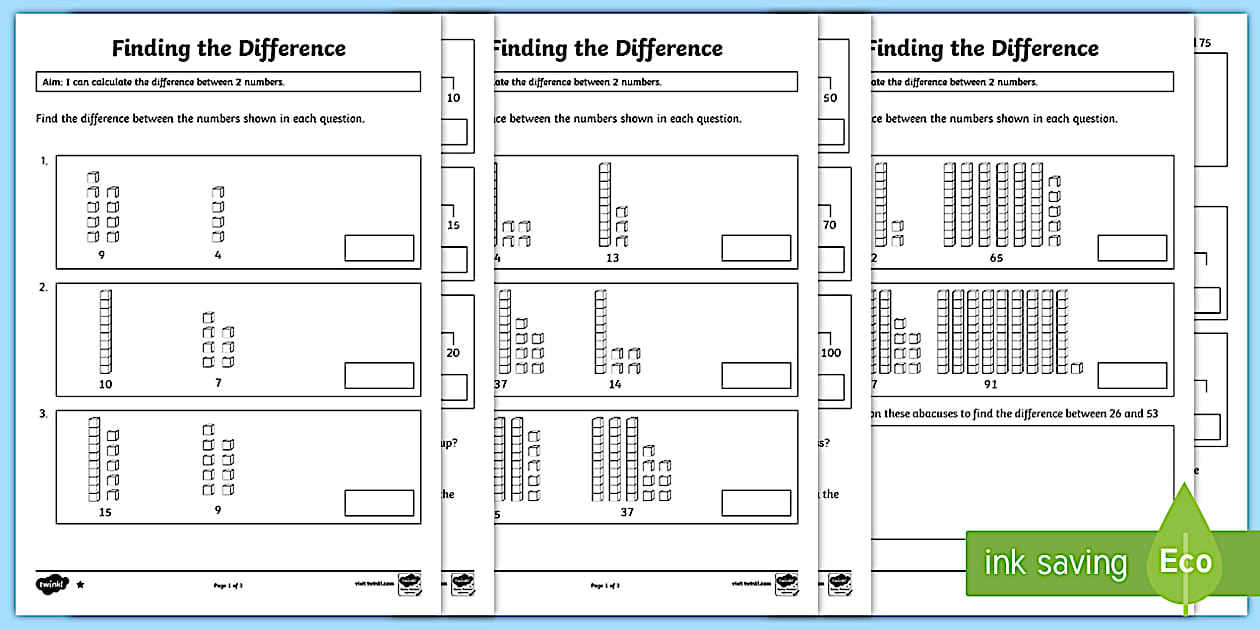 Year 2 Finding the Difference Differentiated Worksheet / Worksheets
