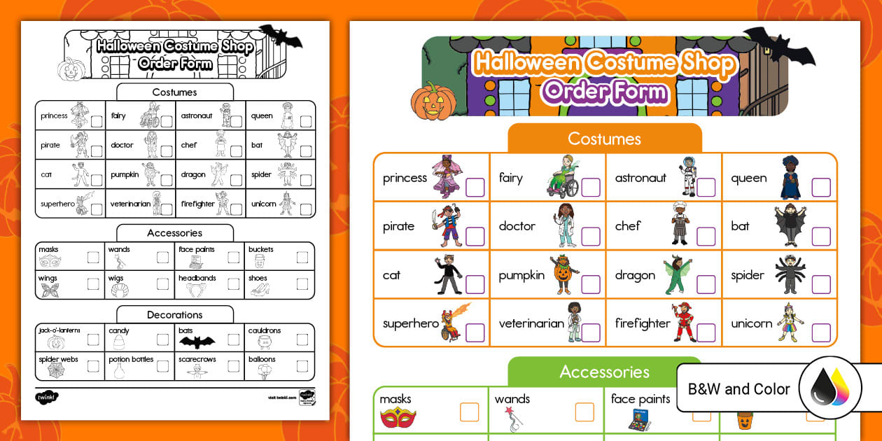 Halloween Costume Shop Dramatic Play Order Form - Twinkl
