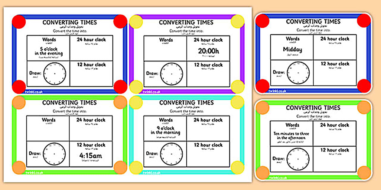 Converting Time Challenge Cards Arabic Translation - Twinkl
