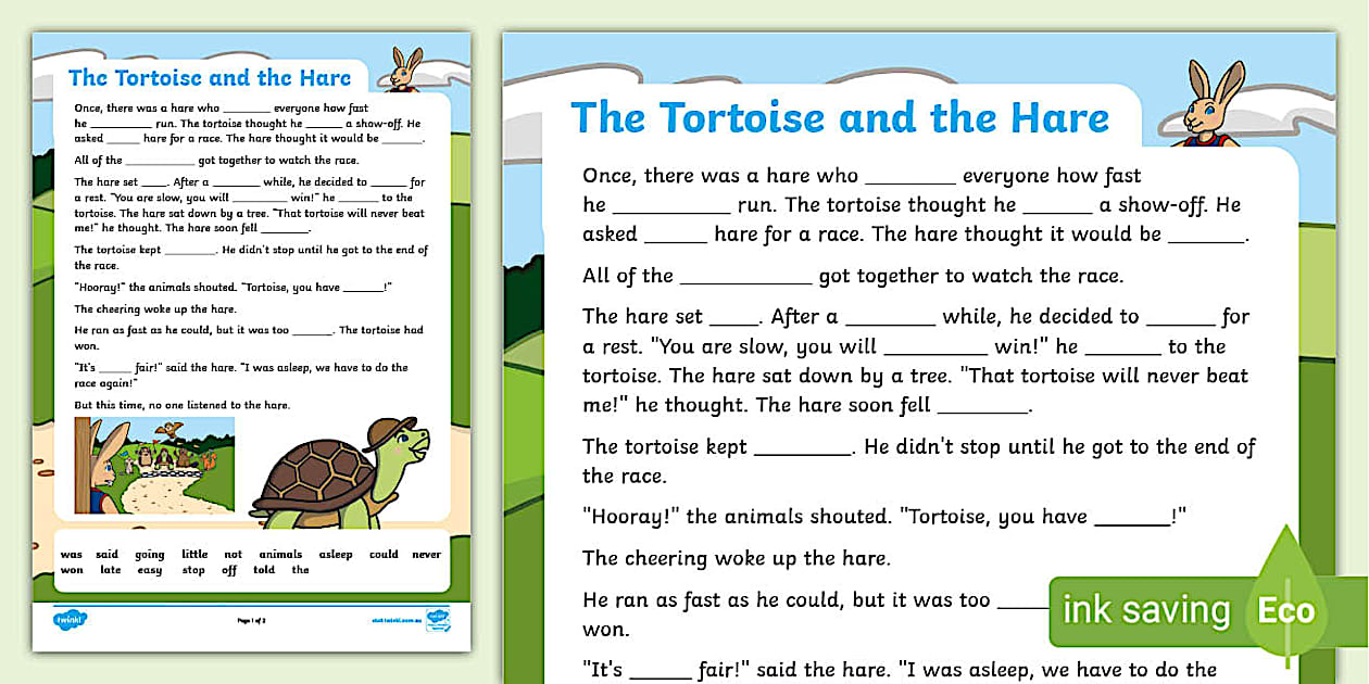 The Tortoise and the Hare Cloze Activity Sheet - Twinkl