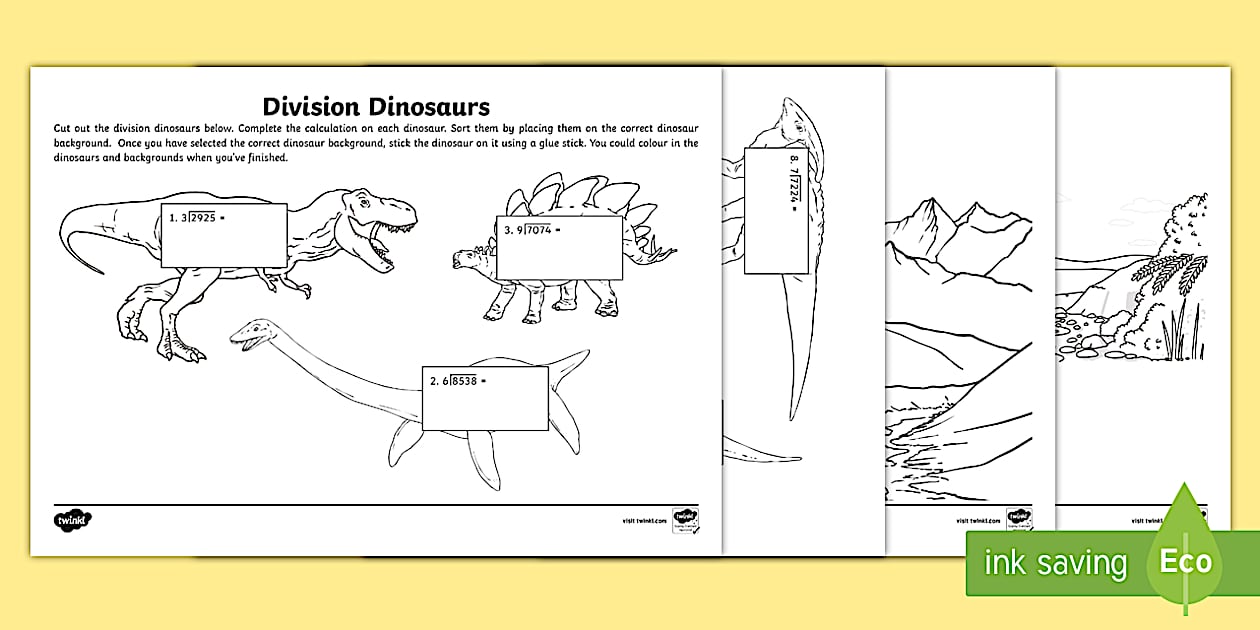 Black and White Year 5 and 6 Division Dinosaurs Worksheet