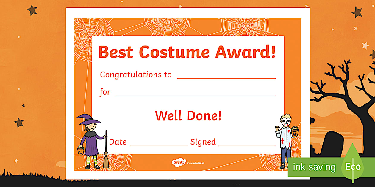 Editable Best Costume Award Halloween Certificate - Twinkl