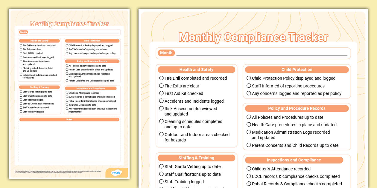 Monthly Compliance Tracker - Ireland Early Years - Twinkl