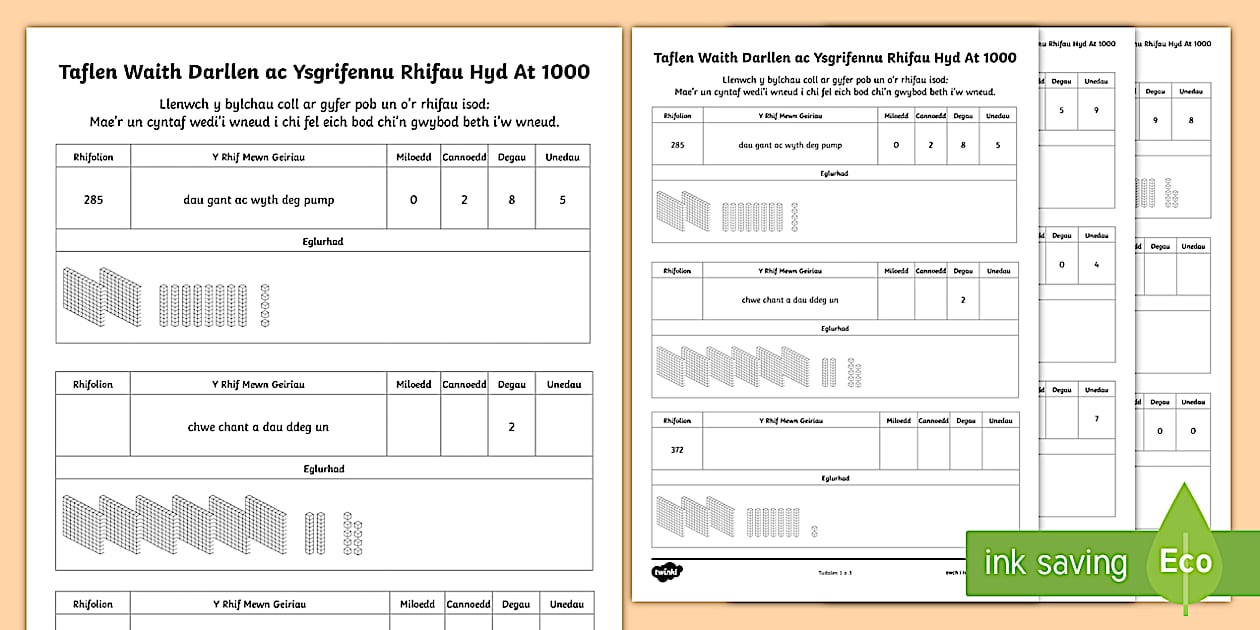 Taflen Waith Darllen ac Ysgrifennu Rhifau Hyd At 1000