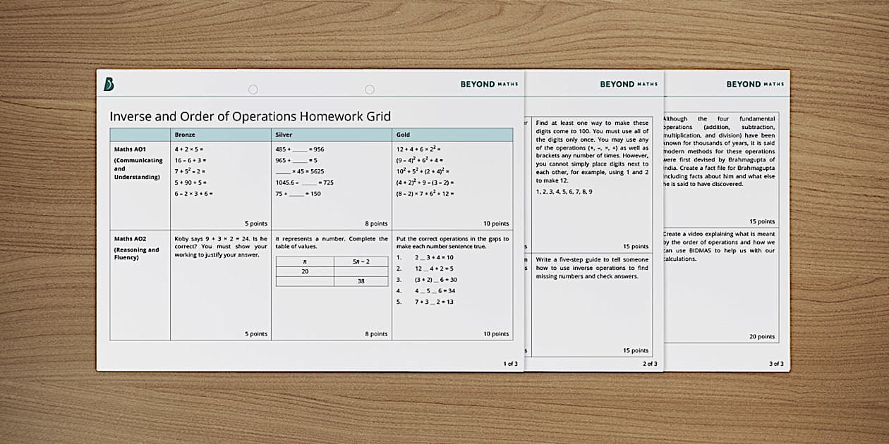 Inverse and Order of Operations Homework Grid - Beyond Maths