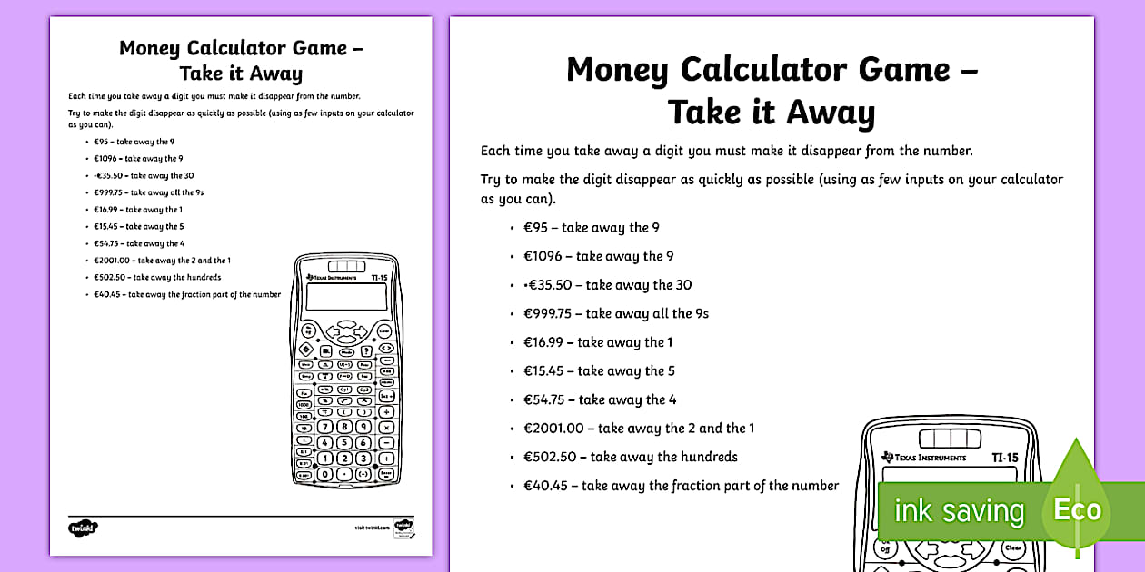 Money Calculator Game Take It Away Worksheet / Worksheet-Irish