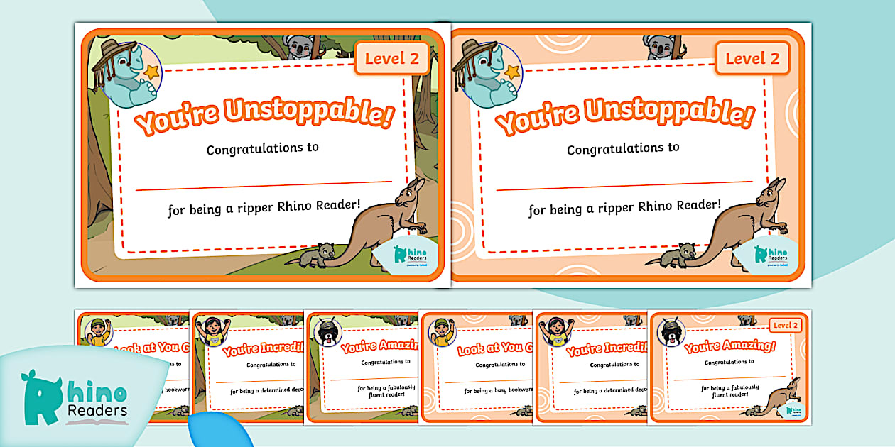 Rhino Readers Level 2 Certificates - EYLF - Phonics - Twinkl