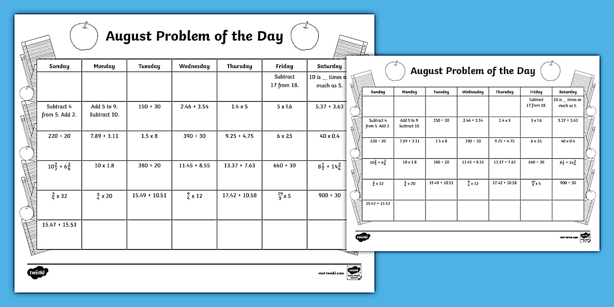 Sixth Grade 2025 Math Problem of the Day August Calendar