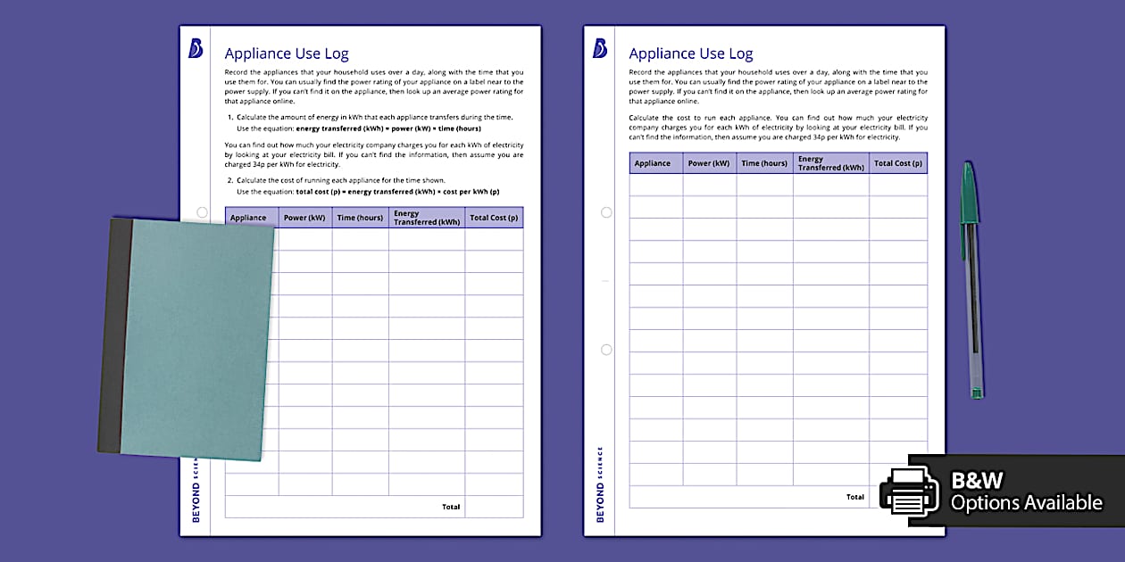 Appliance Use Log (teacher made) - Twinkl