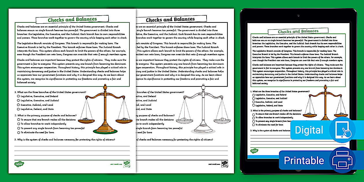 Sixth Grade Checks and Balances Reading Comprehension