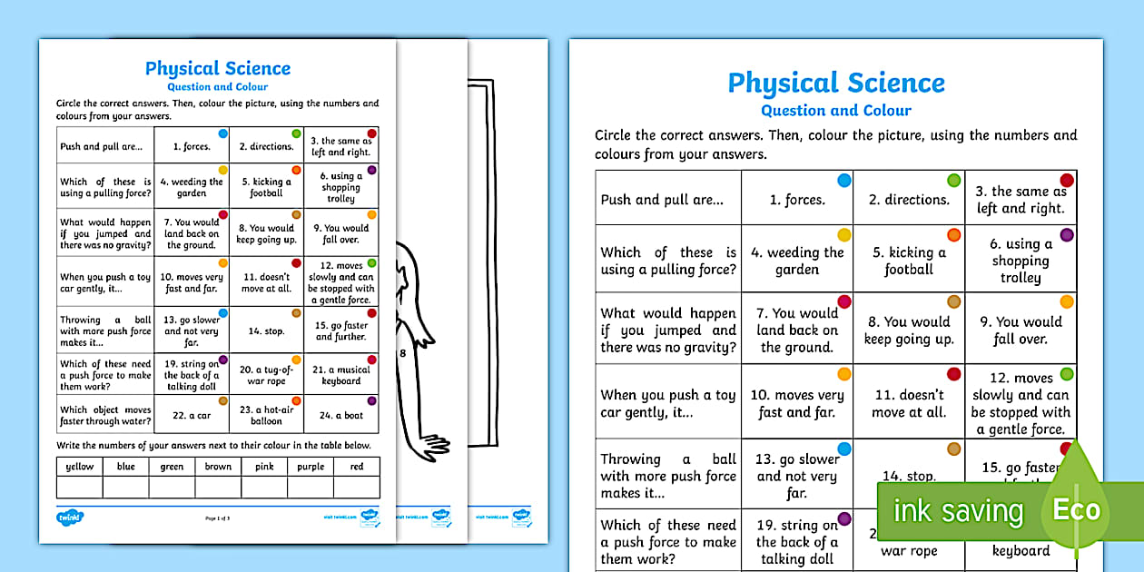 Year 2 Physical Science Questions and Colouring Worksheet / Worksheets