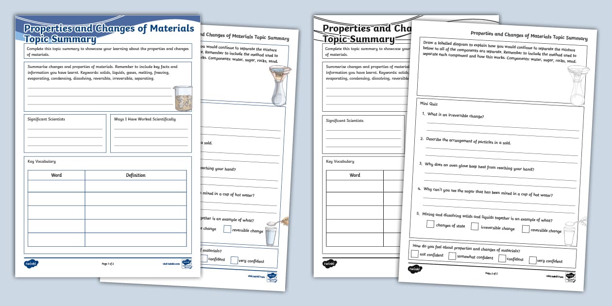 Properties and Changes of Materials Topic Summary - Twinkl