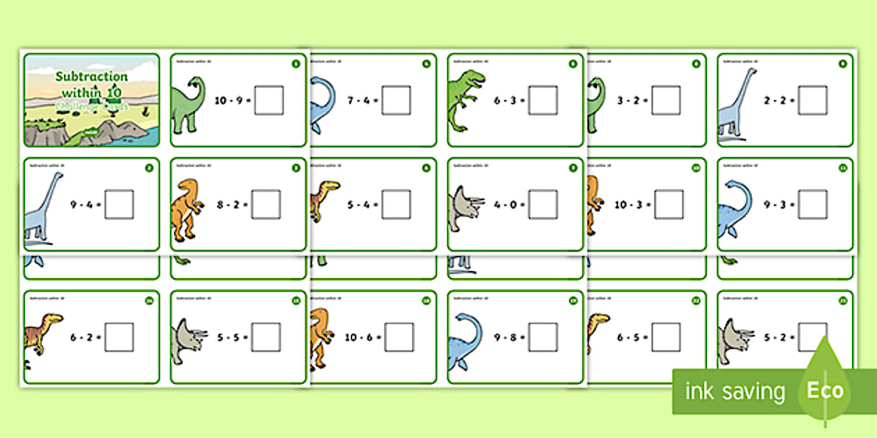 Dinosaur Themed Subtraction within 10 Challenge Cards