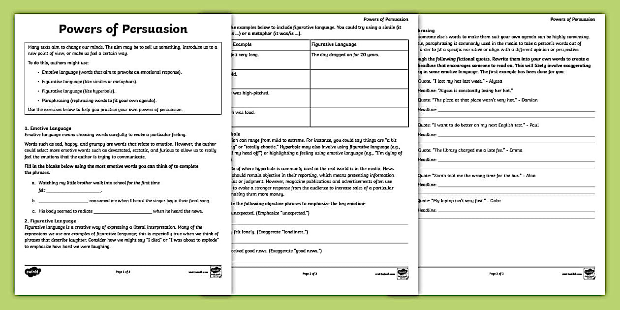 Powers of Persuasion Worksheet for 6th-8th Grade - Twinkl