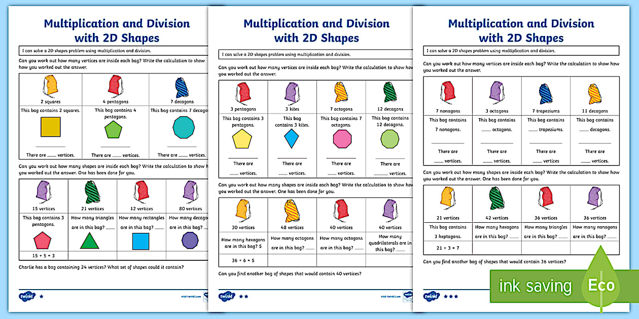 Middle Ability Multiplication with 2D Shapes Problem Solving Worksheets