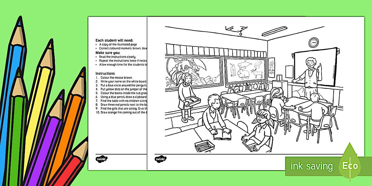 Back to School Colouring Worksheet | Listen And Colour