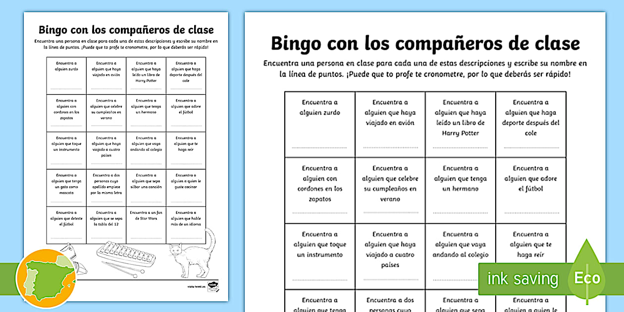 Ficha de actividad: Bingo con los compañeros de clase