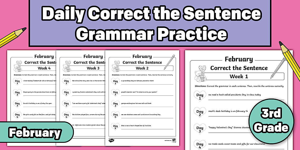 Third Grade February Daily Correct the Sentence Grammar