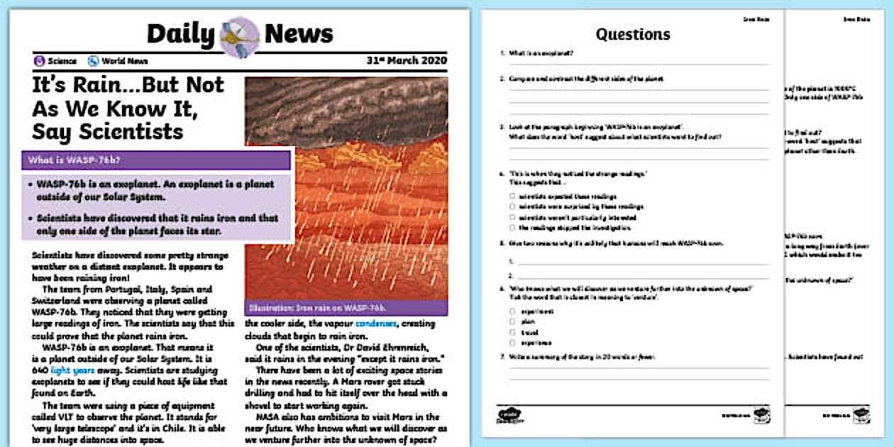 Planet Rains Iron Daily News Story (ages 9-11) - Twinkl