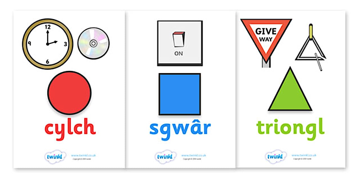 2D Shape Posters with Everyday Examples (Welsh) - Twinkl