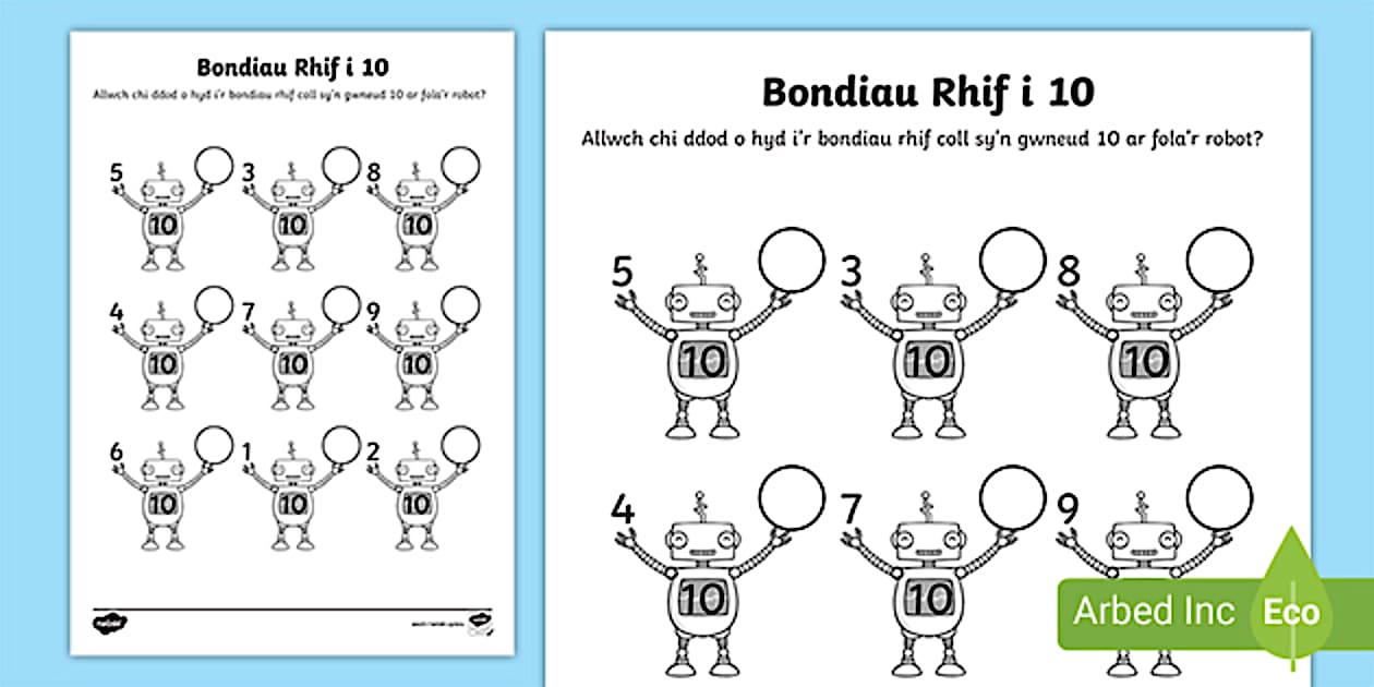 Taflen Weithgaredd Bondiau Rhif i 10 ar Robotiaid - Twinkl