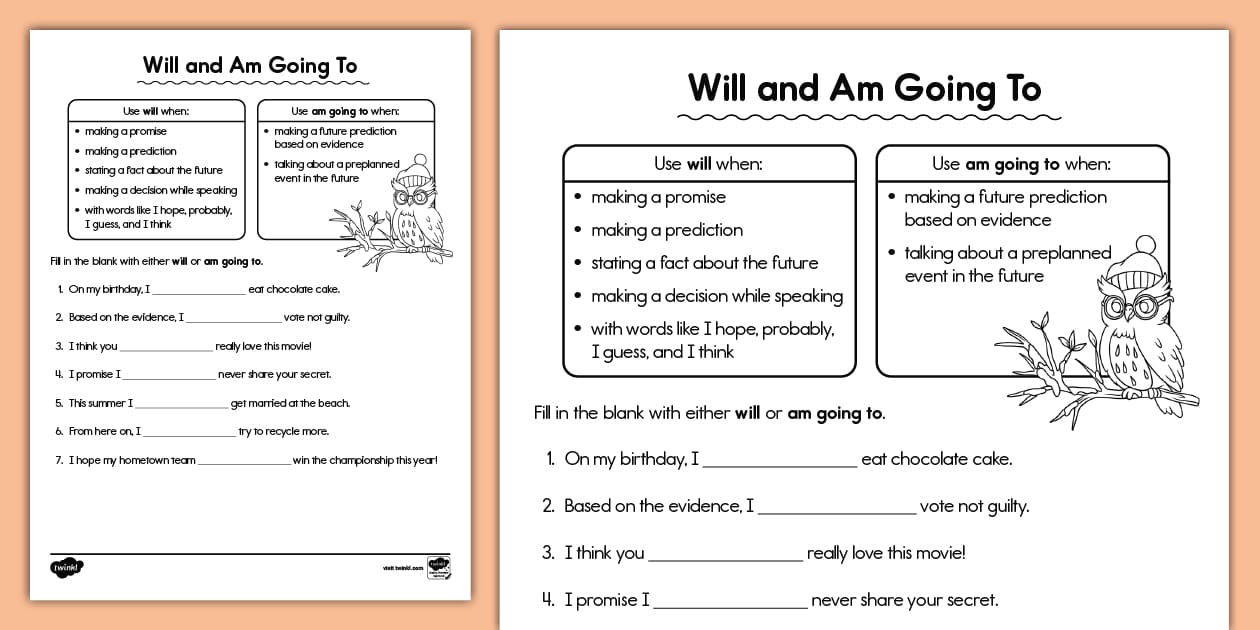 Will and Am Going To Worksheet for K-2nd Grade - Twinkl