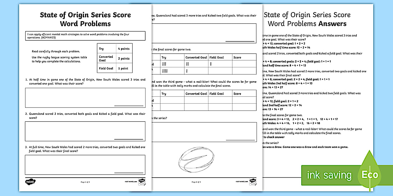 State of Origin Series Score Word Problems Worksheet / Worksheet