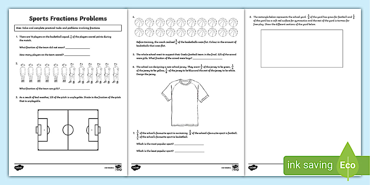 Sports-Themed Fraction Problems Worksheet (teacher made)