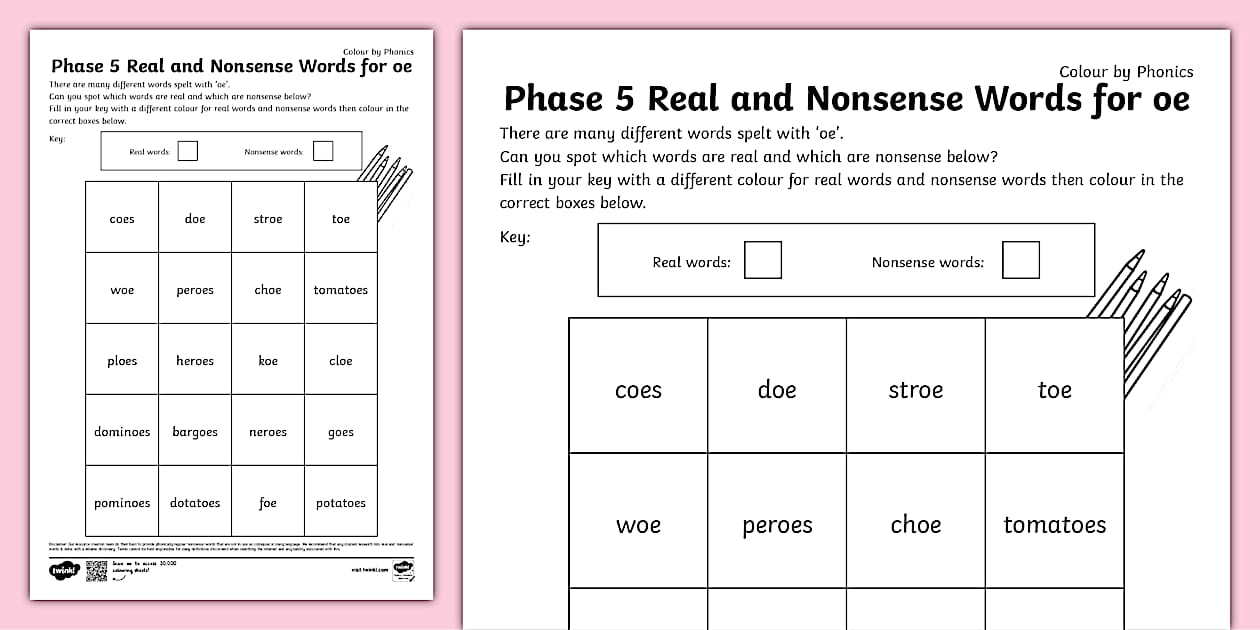 Phonics Phase 5 - Words With 'Oe' - Colour Worksheet
