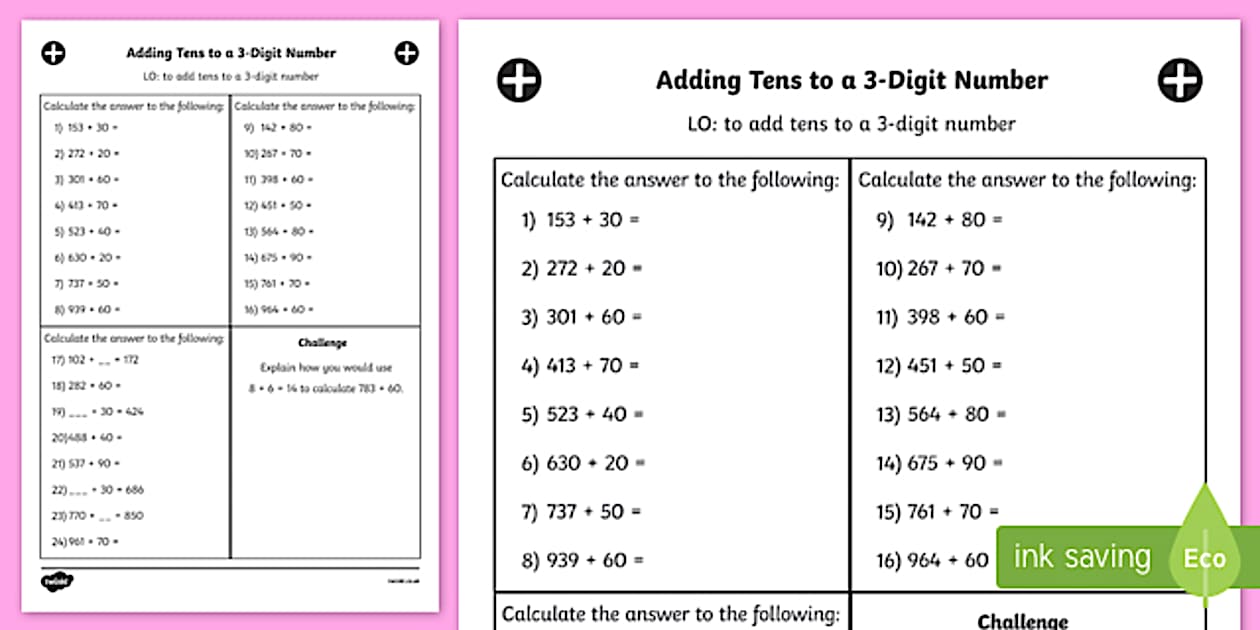 Adding Tens to a 3 Digit Number Worksheet / Worksheet Grade 3