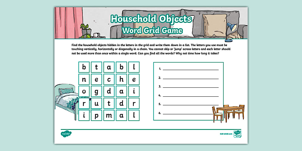 Word Grid Vocabulary Game for EAL Learners:Household Objects