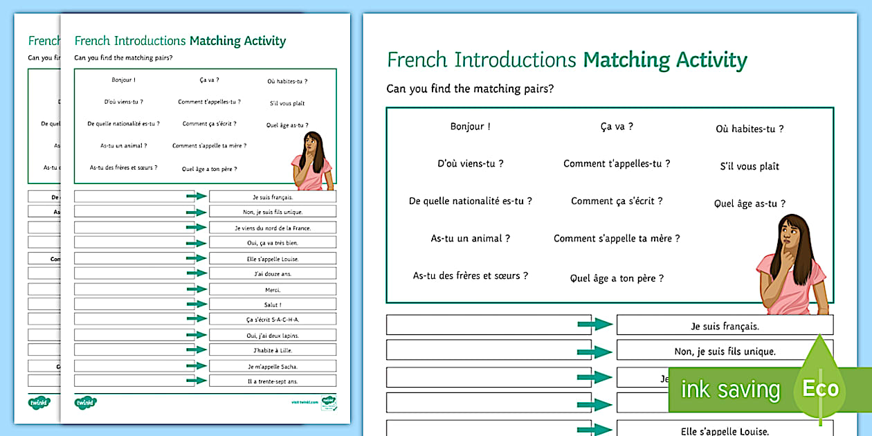Introducing in French: Matching Differentiated Worksheet