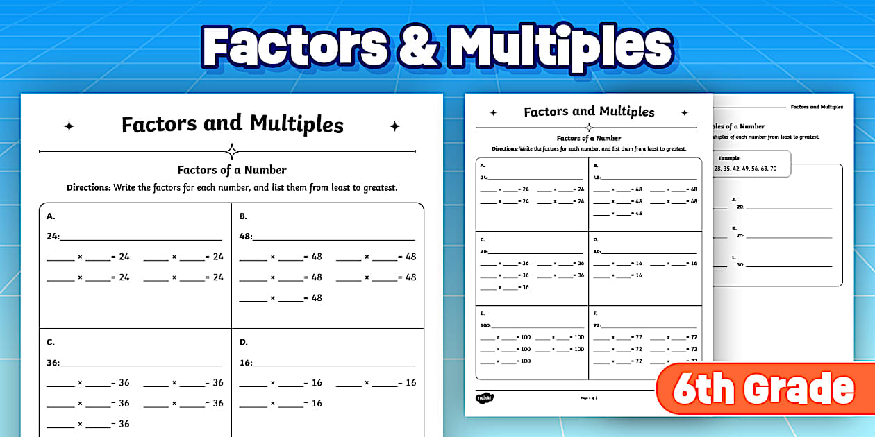 Sixth Grade Math Factors and Multiples Practice Worksheet