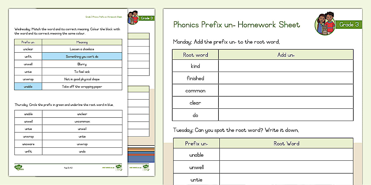 Prefix Homework | Un- Words | Homework Sheet | South Africa