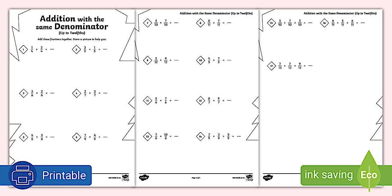 Addition of Fractions with the Same Denominator (Up to Twelfths) Activity