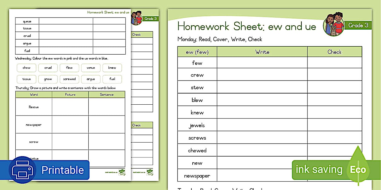 Grade 3 Phonics: ew ue: Homework Sheet - Twinkl
